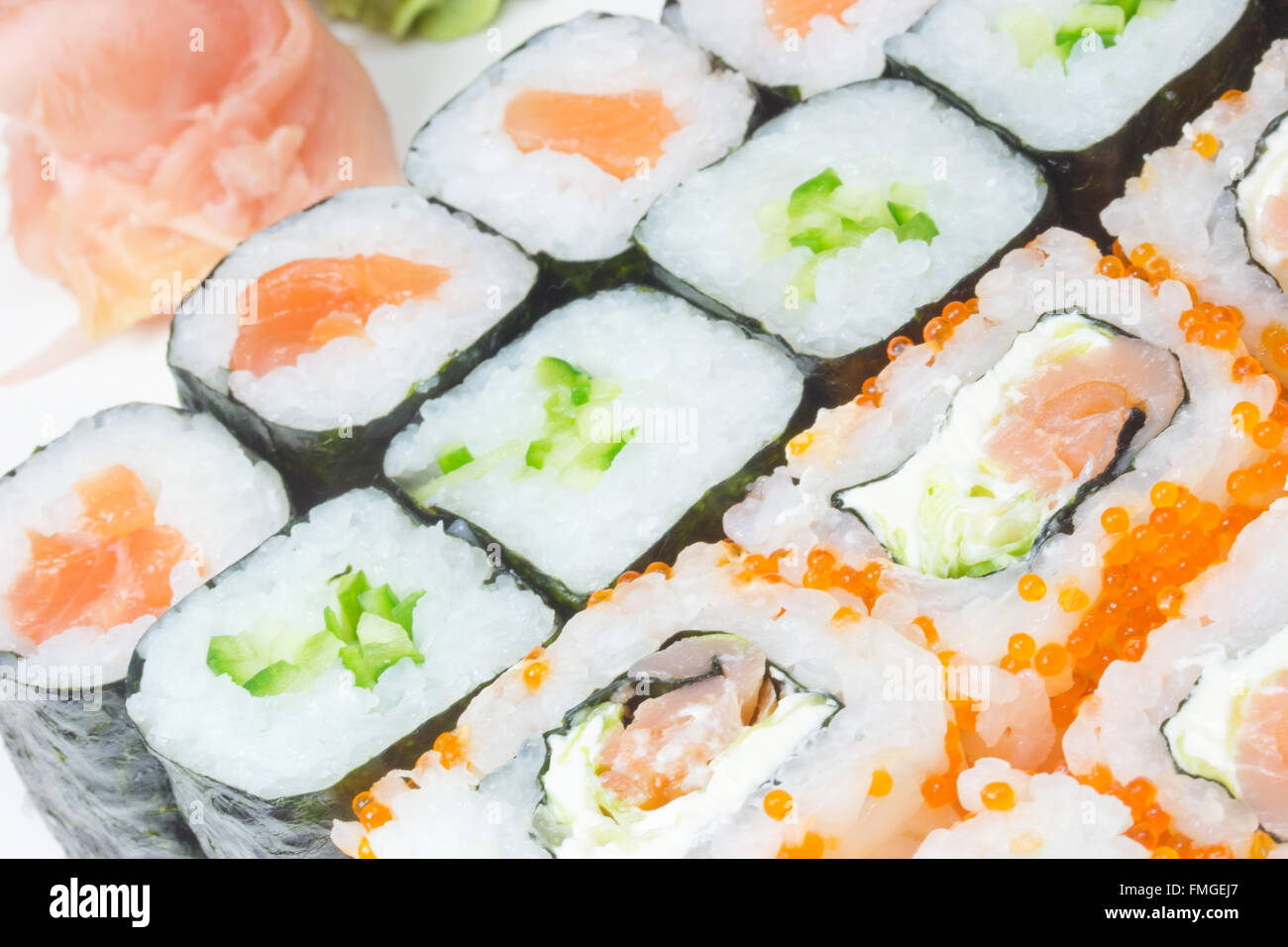 Detailed view of the different types of Maki Sushi. Ginger in the ...