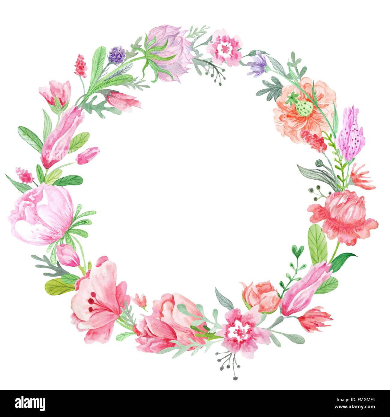 Spring creative round frame with wild red, pink and purple flowers for ...