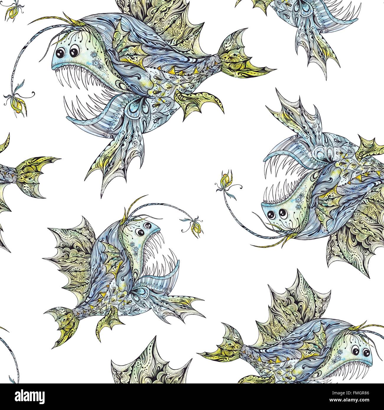 Seamless watercolor marine texture with cartoon sketch monkfish on ...