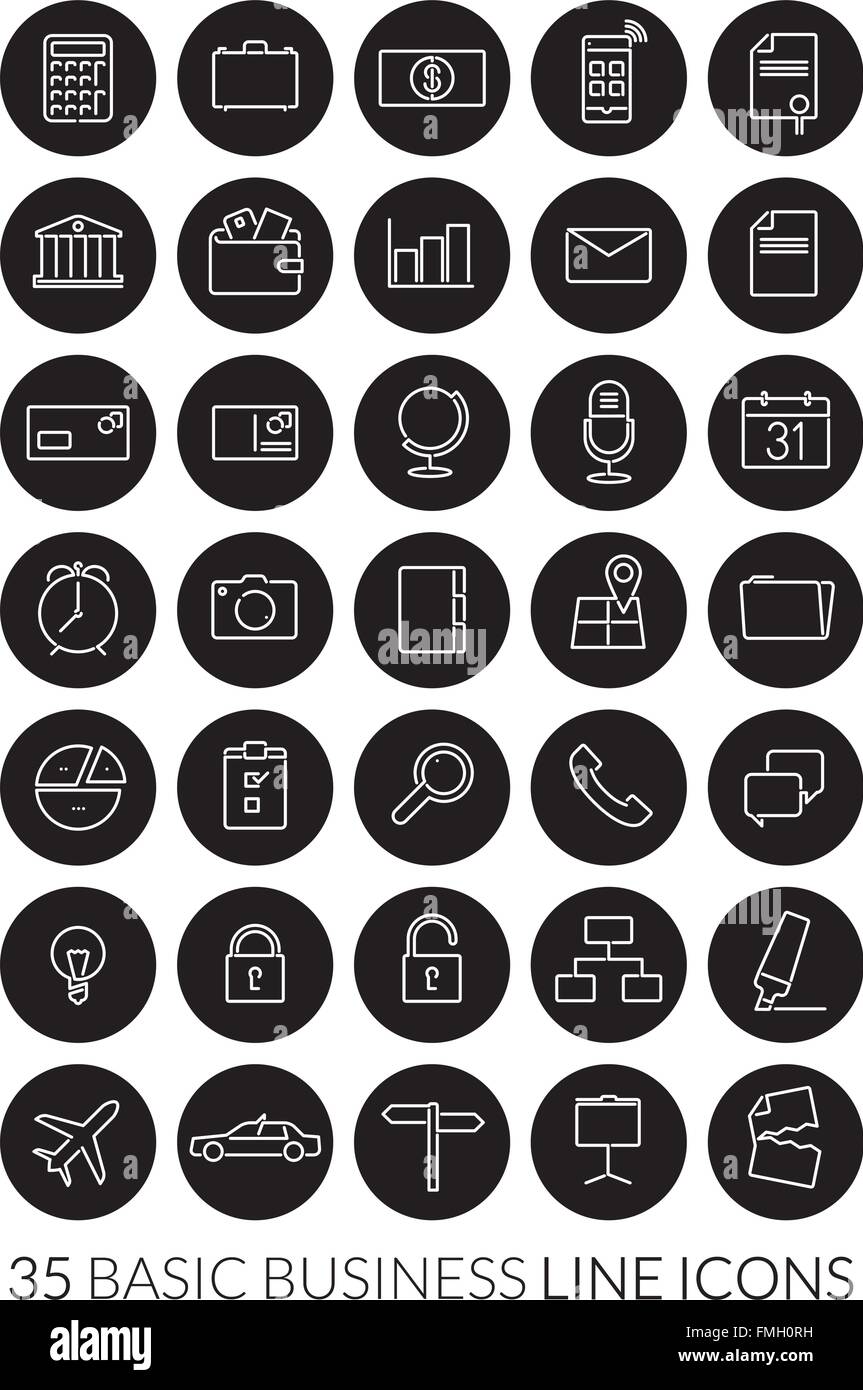 Collection of 35 basic business line icons, negative in black circles ...