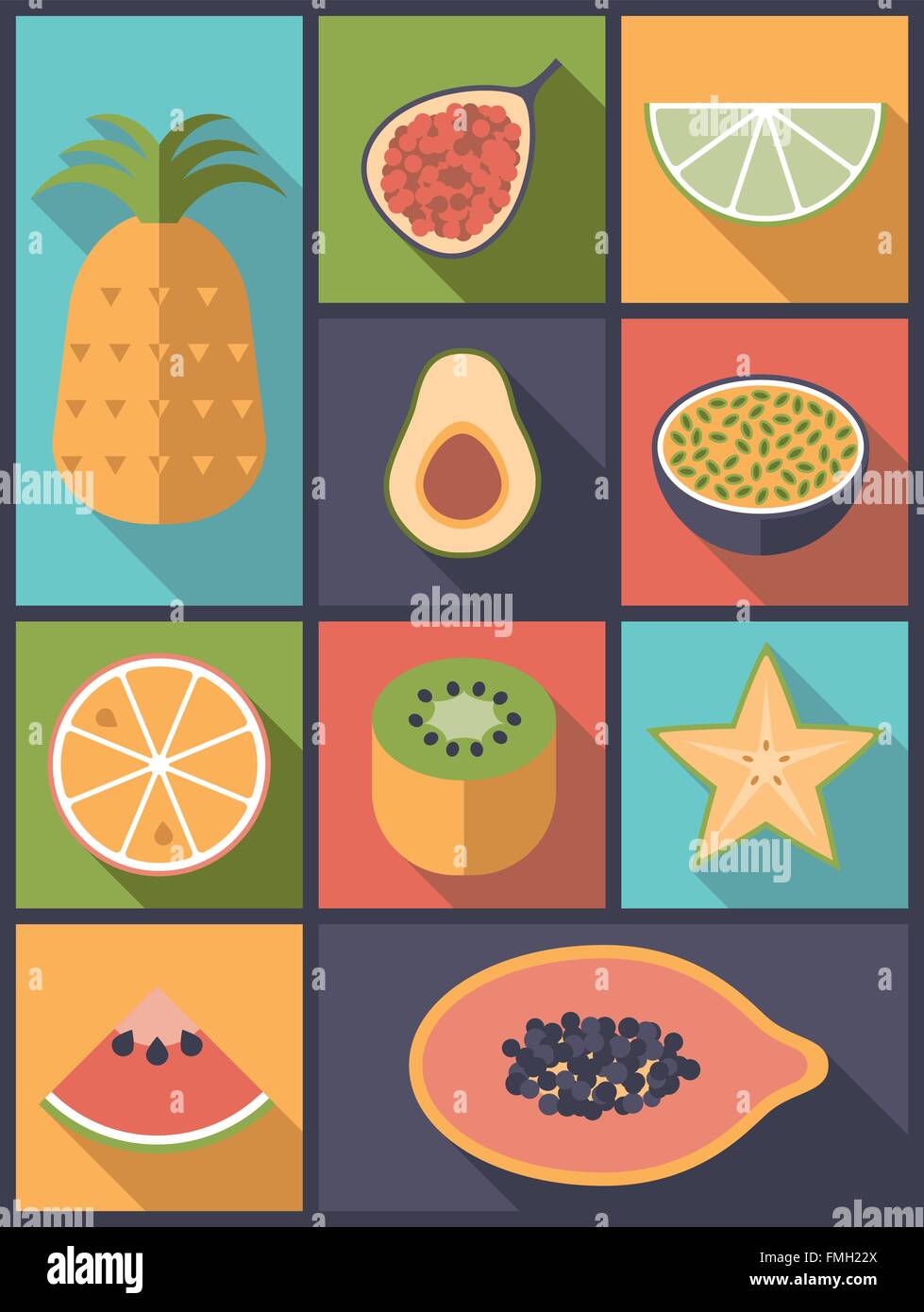 Flat design illustration with various tropical fruit icons Stock Vector ...