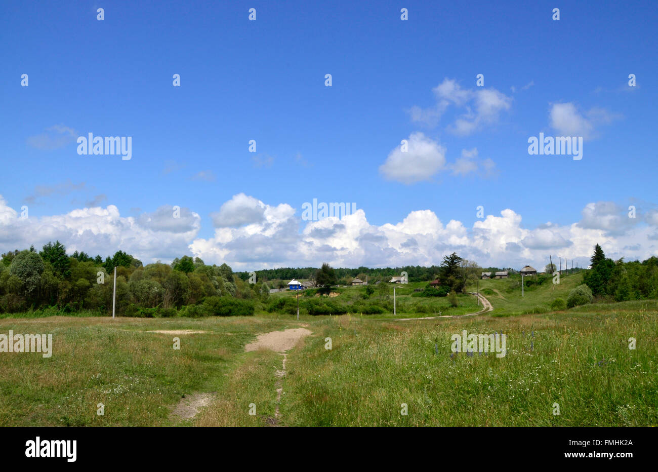 Rural summer landscape with the image of the old village Stock Photo ...