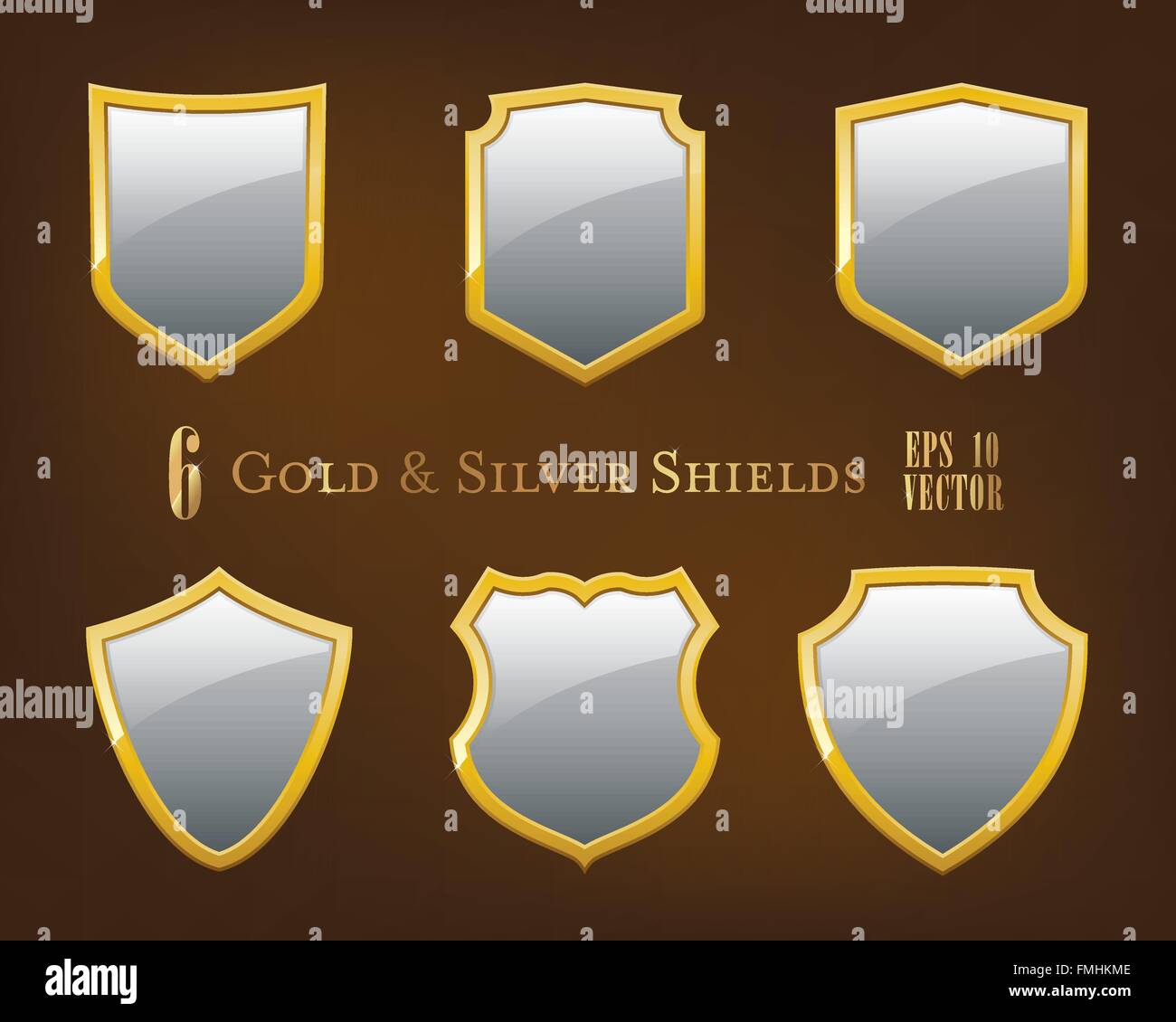 Set of six simple glossy silver shields with golden frames Stock Vector ...