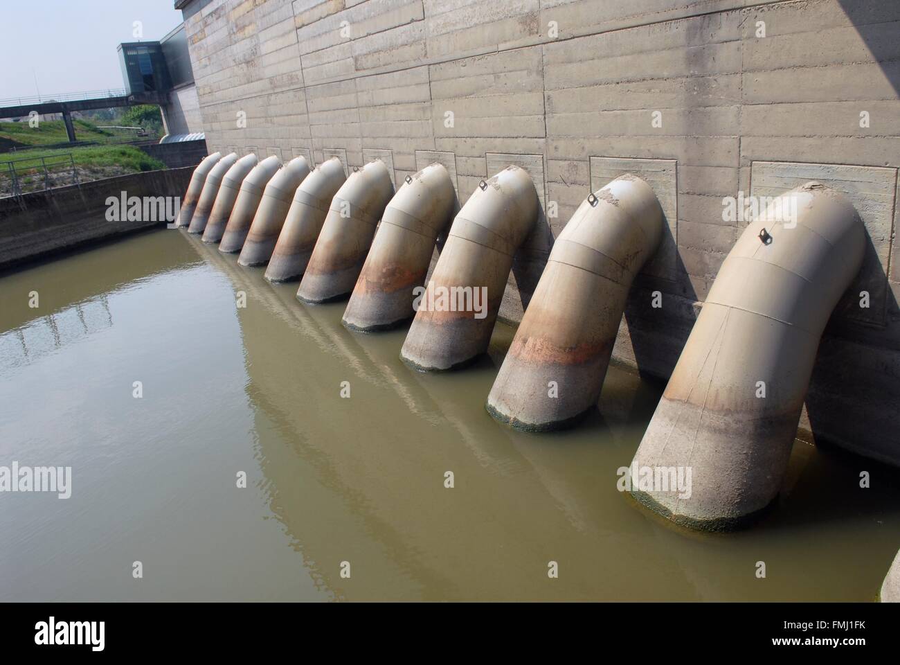 Italy, Po river, plant of water lifting for agricultural irrigation ...