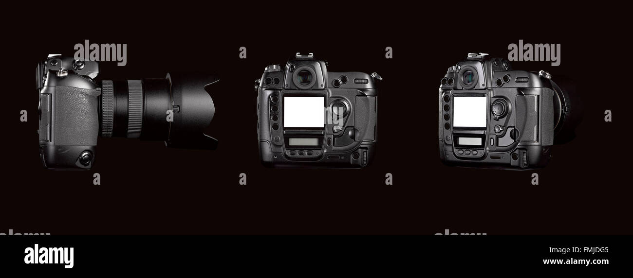 Three angle of Black digital camera on black background with clipping ...