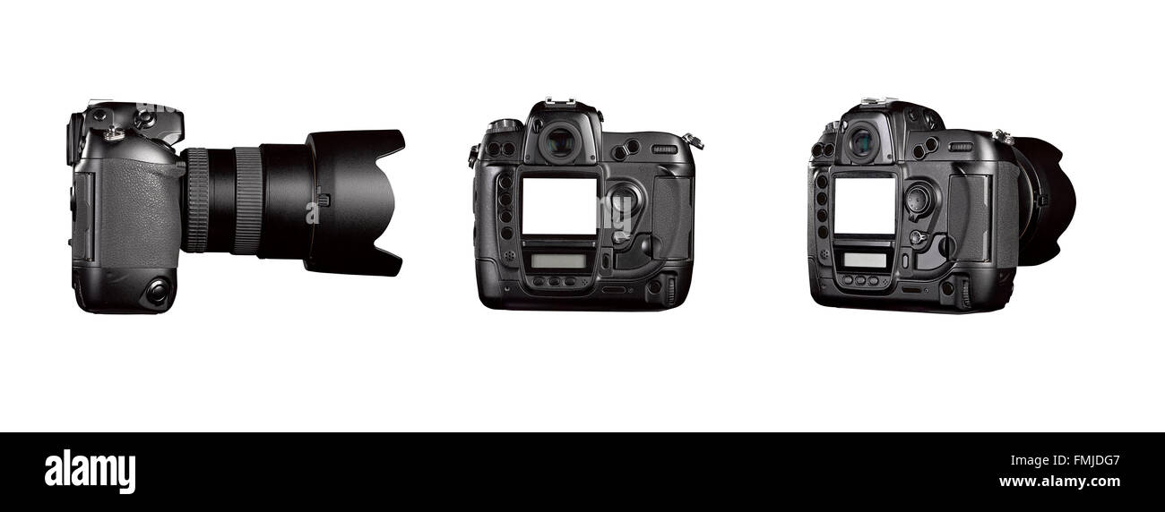 Three angle of Black digital camera on white background with clipping ...