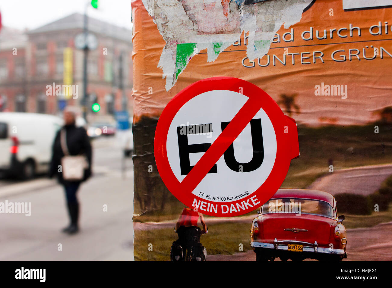 No to EU sign sticker on an advert with the Vienna street in the ...