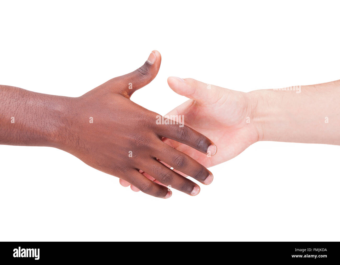 Handshake between caucasian and african man, isolated on white ...