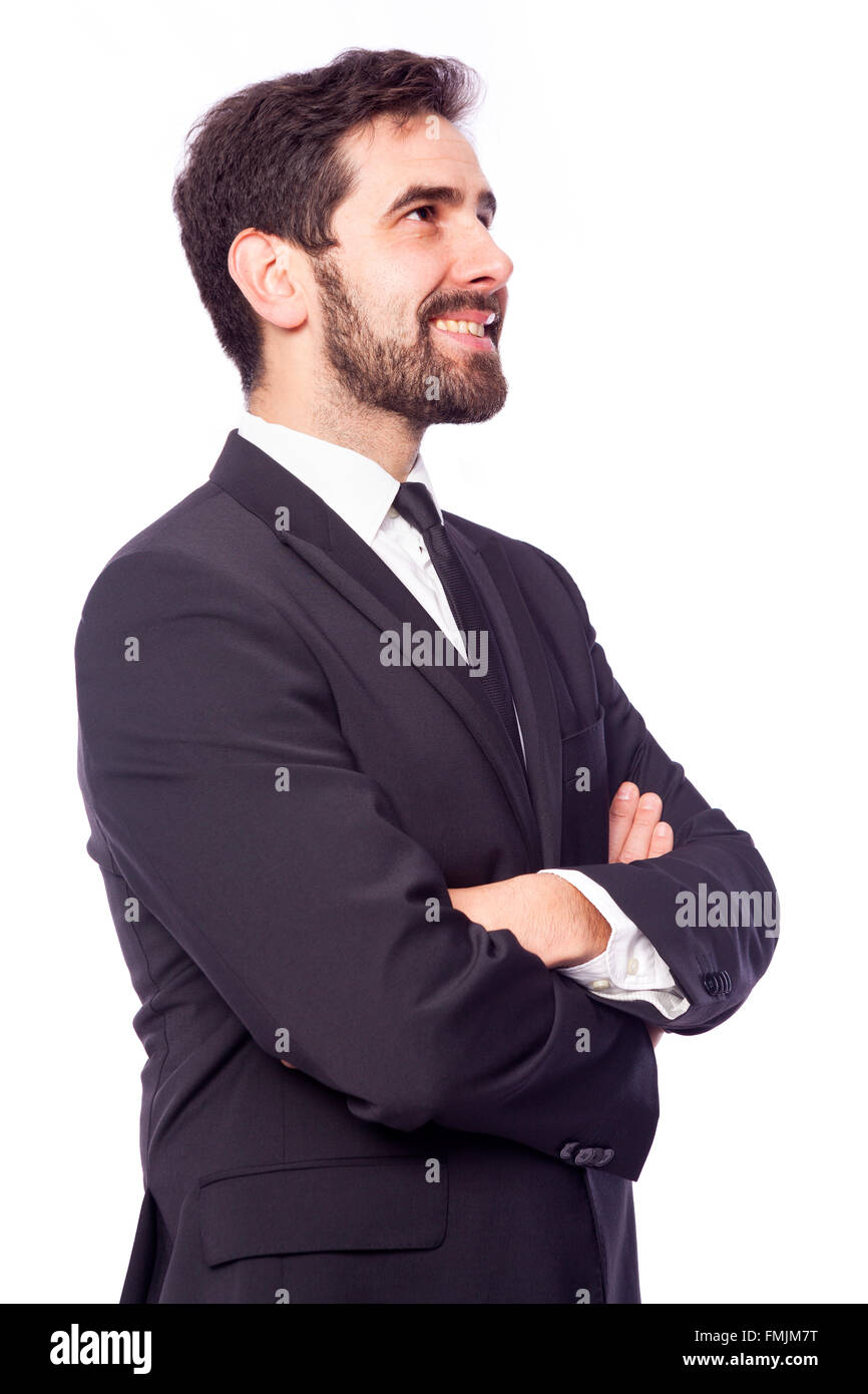 Smiling business man thinking, isolated on white background Stock Photo ...
