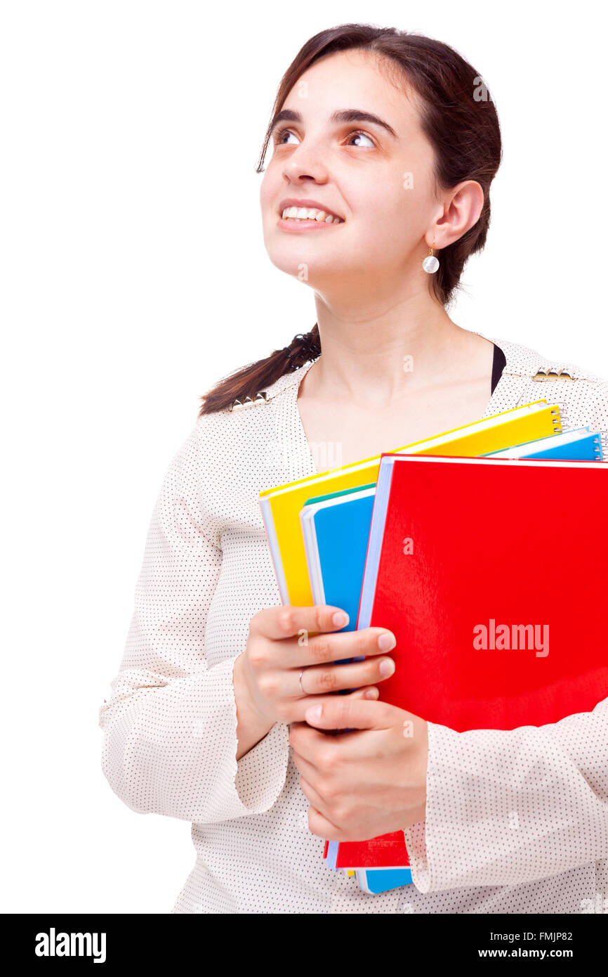 Smiling female student looking up, isolated on white background Stock ...