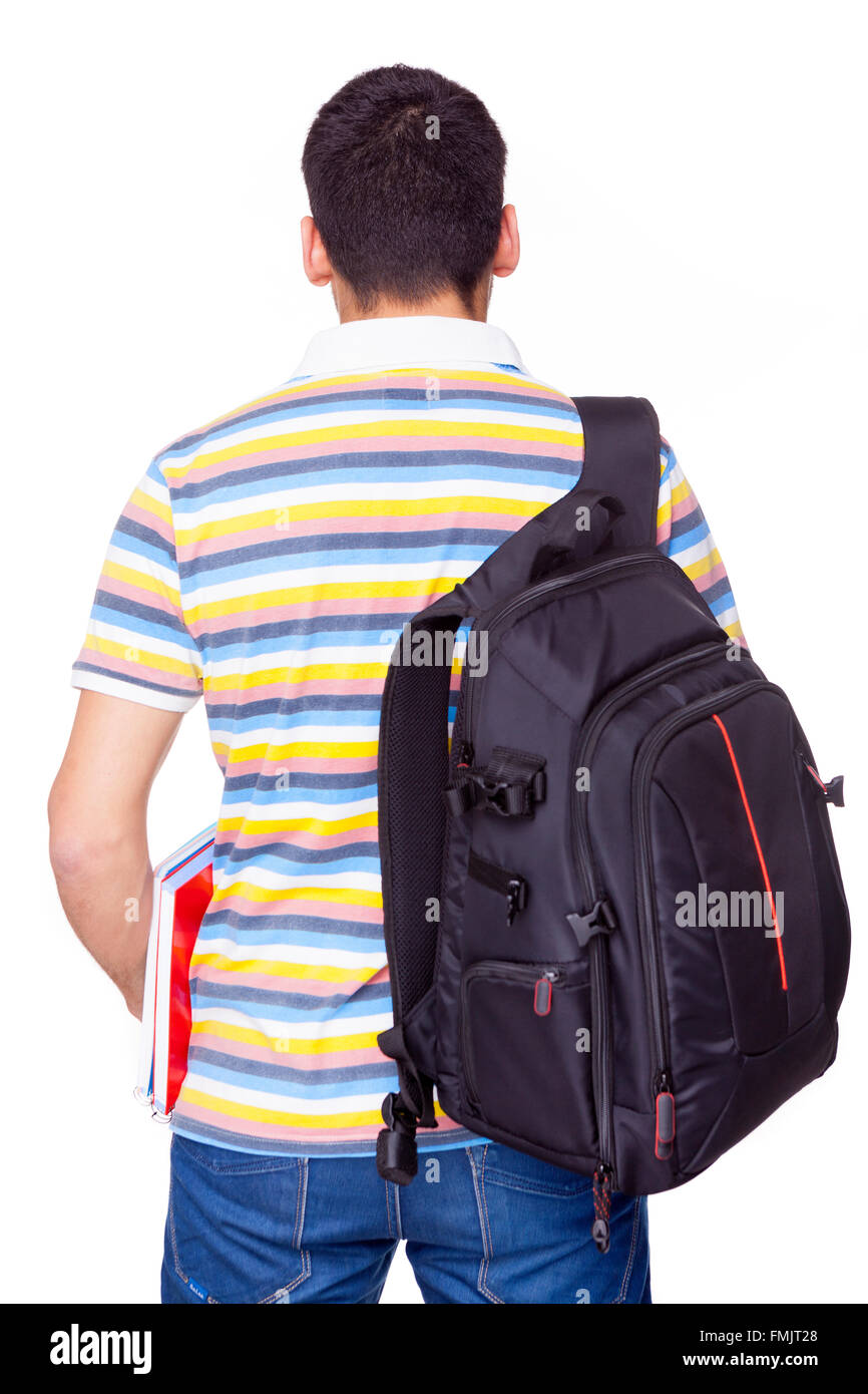 Back view of male student standing on white background Stock Photo - Alamy