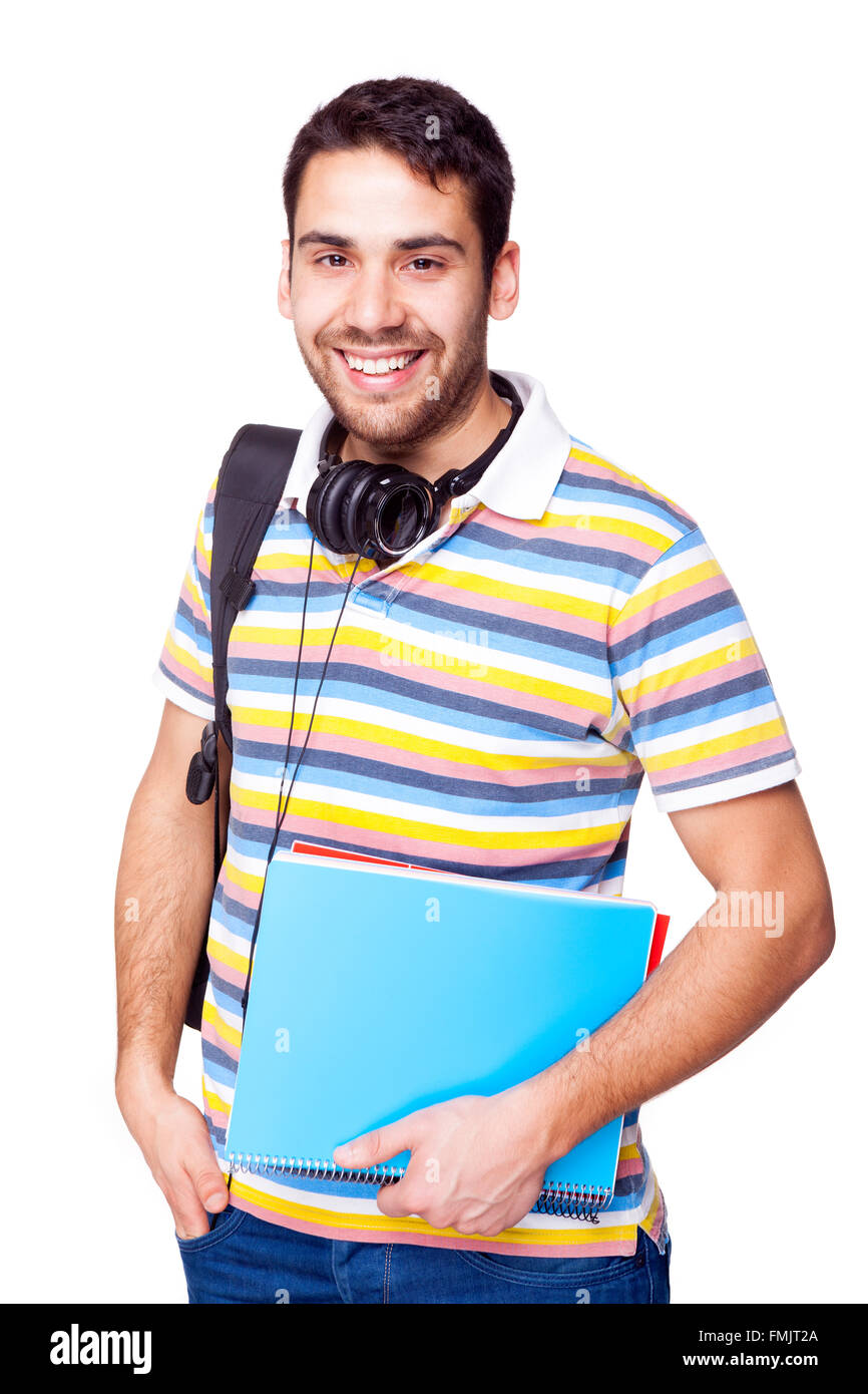 Happy smiling male student on white background Stock Photo - Alamy