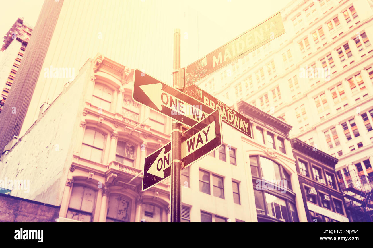 Vintage stylized street signs in Manhattan, New York, USA Stock Photo ...