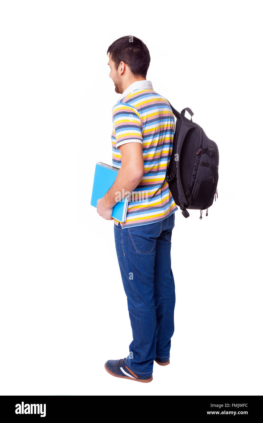 Back view of a male student standing from the back on white background ...