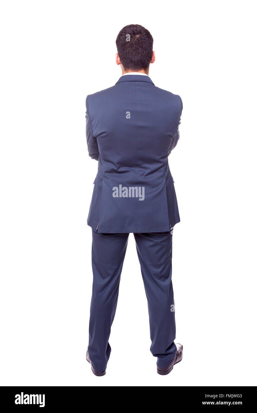 Full body of a business man standing from the back, isolated on white ...