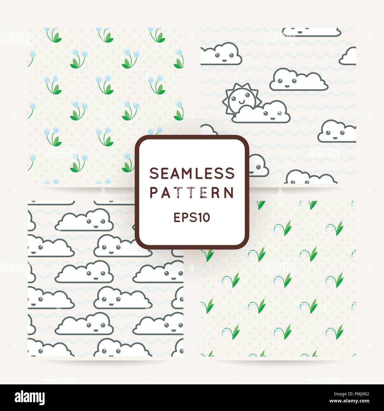 Set of four seamless patterns of wildflowers, rain and clouds Stock ...