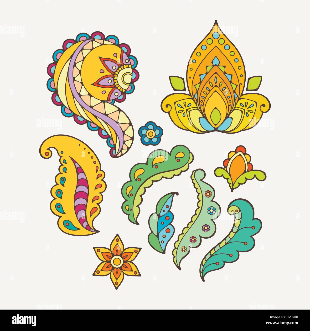 Set of abstract flowers and paisley elements in Indian mehendi style ...