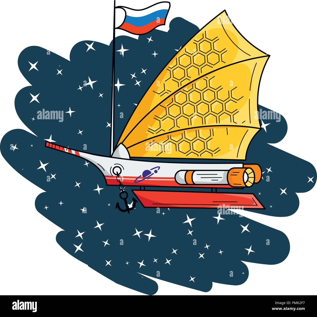 Vector illustration with space sailing ship on the background of stars ...