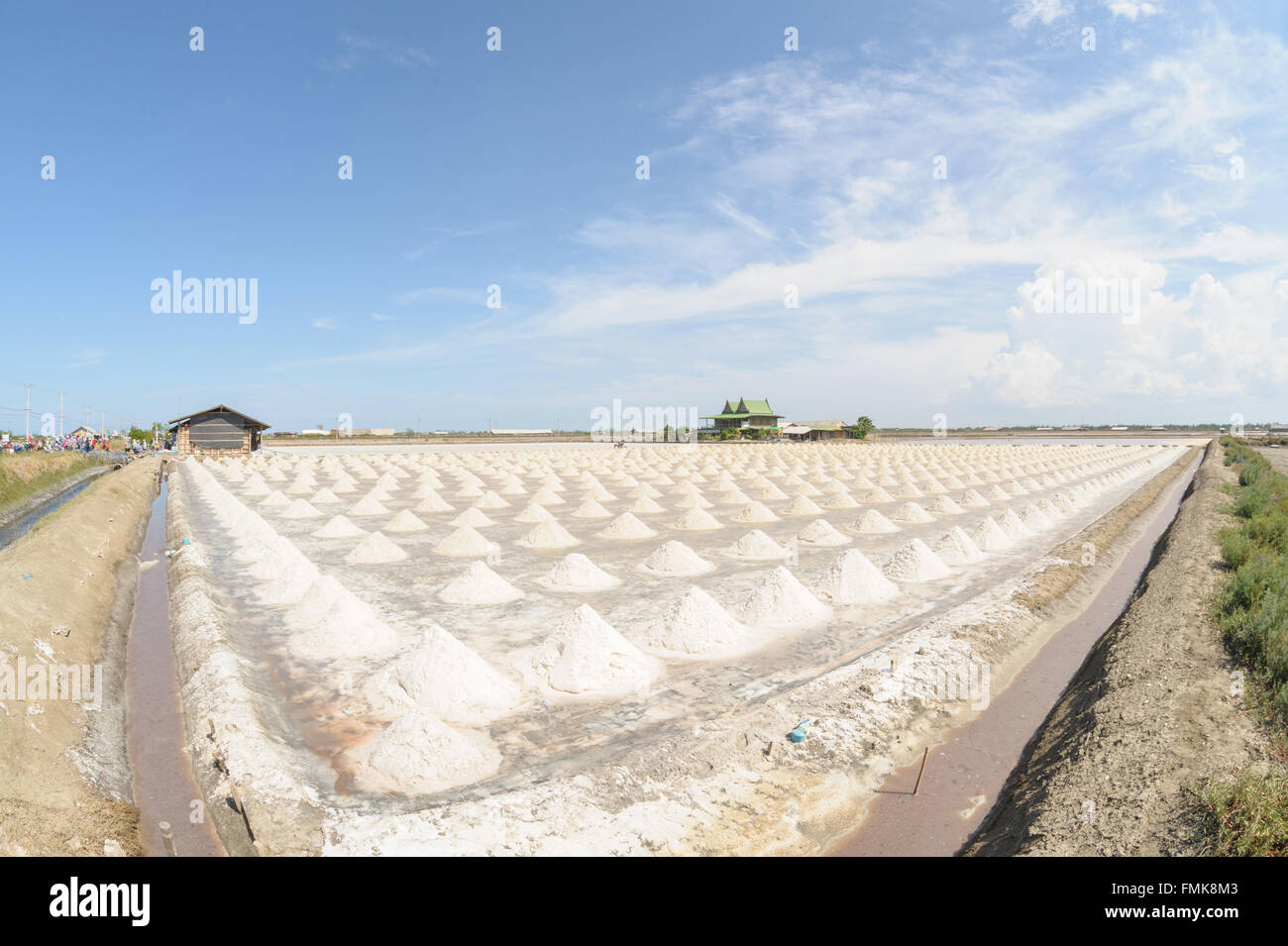 Heap of sea salt in salt farm ready for harvest sunny day, Thailand ...