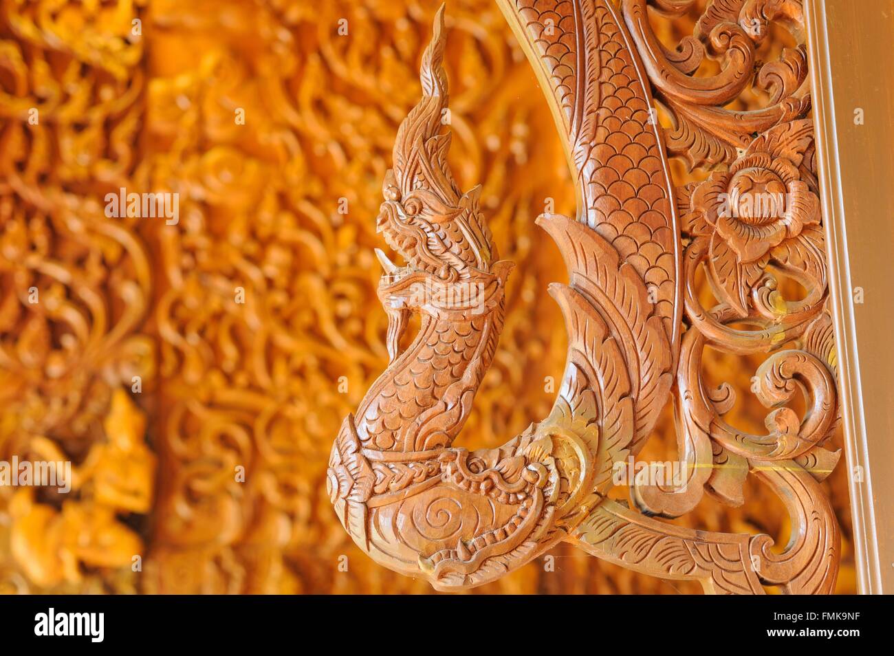 Beautiful Naga teak wood carving sculptures Thai temple in Chanthaburi ...