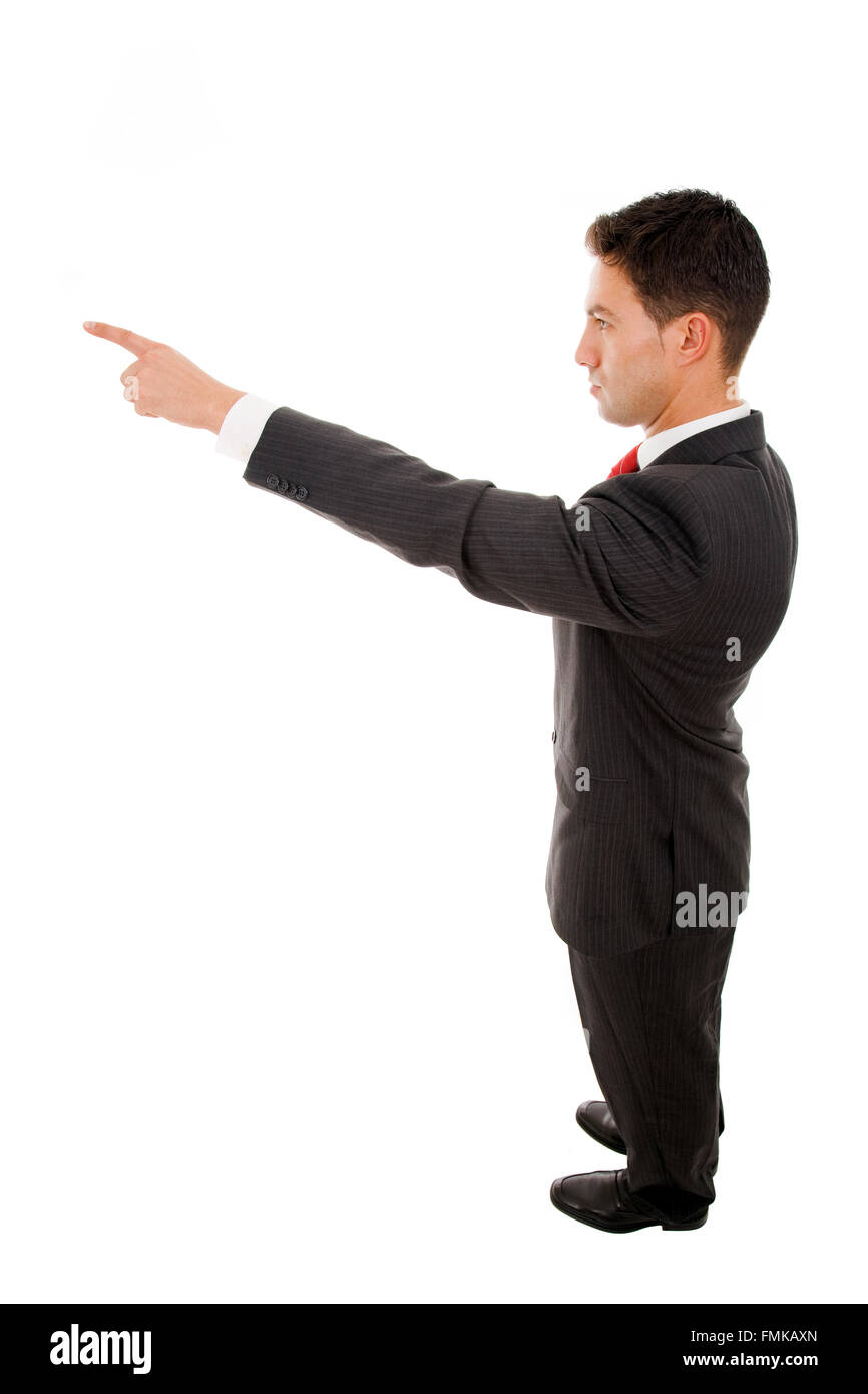 Successful young business man pointing at something interesting ...