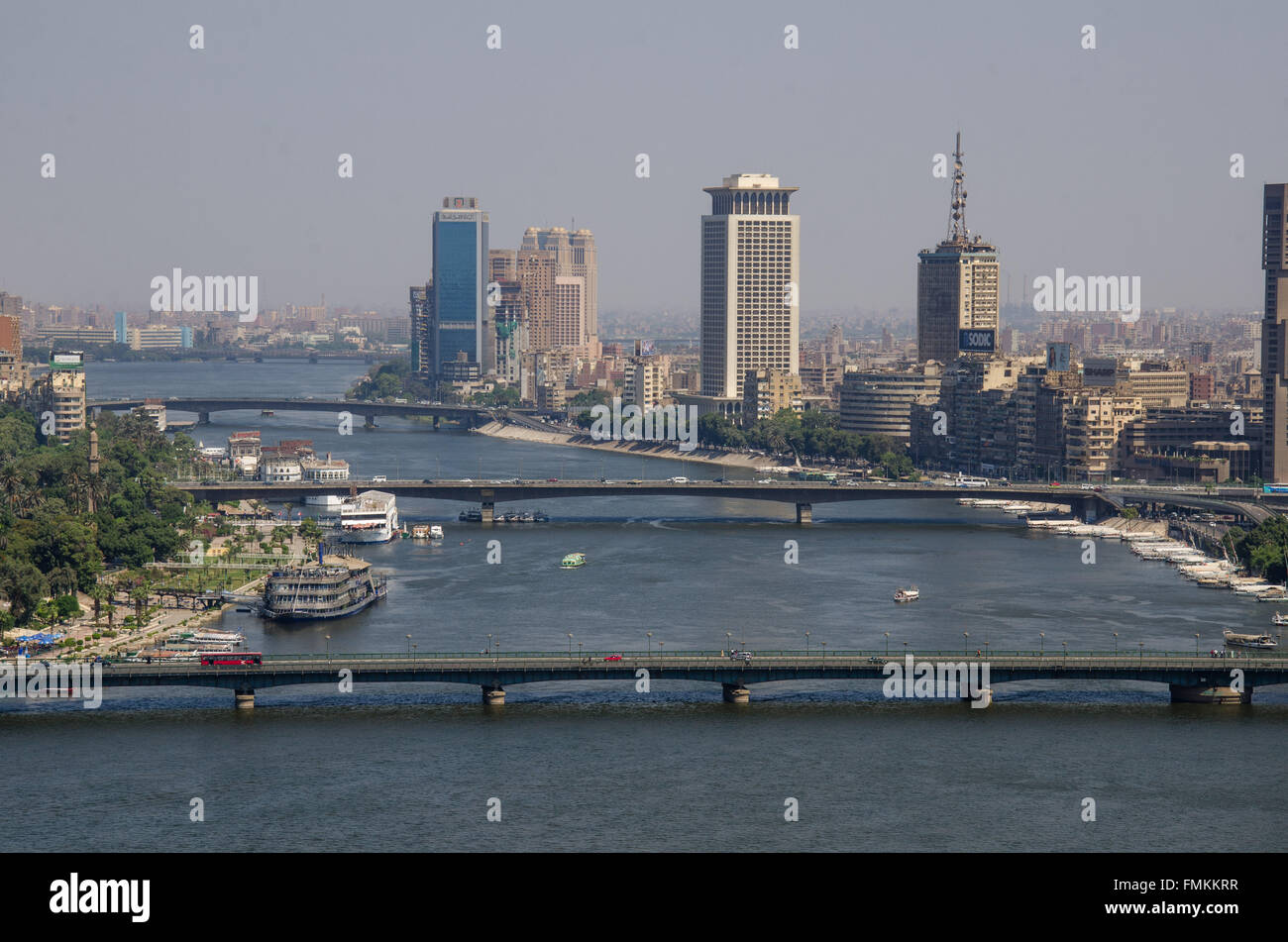 Cairo panorama looking north with the River Nile flowing through ...