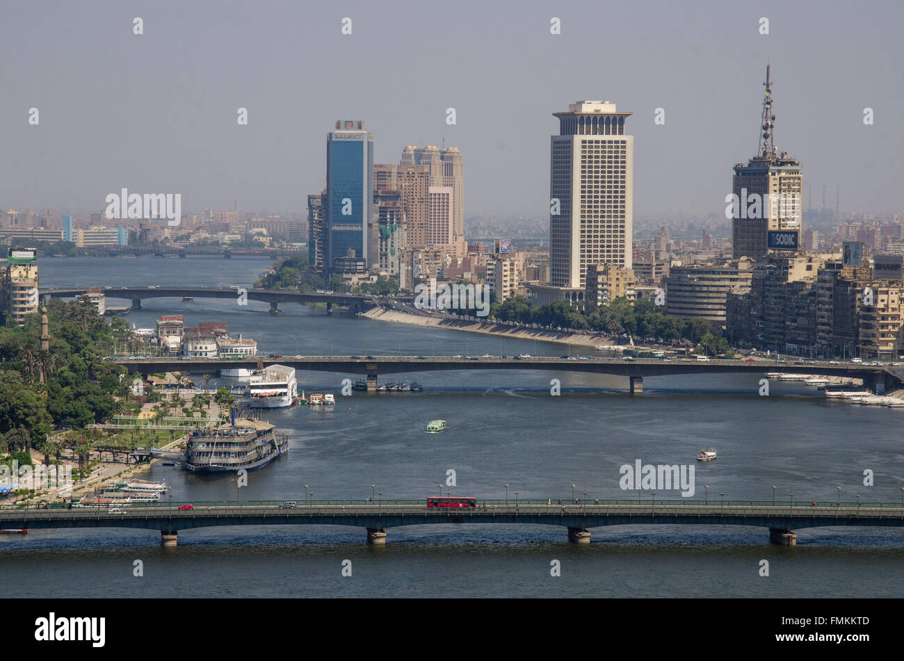 Cairo panorama looking north with the River Nile flowing through ...