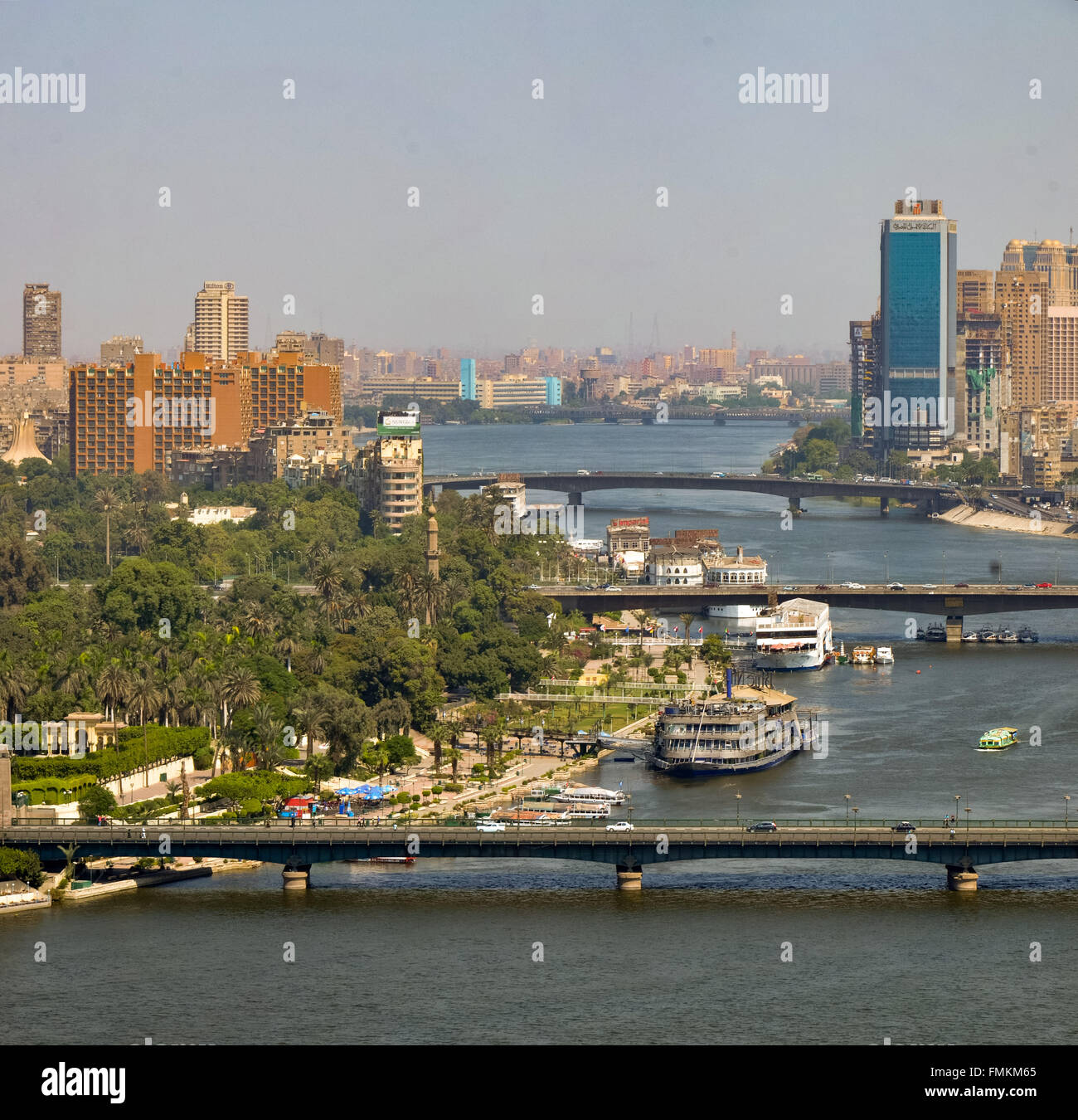 Cairo panorama looking north with the River Nile flowing through ...