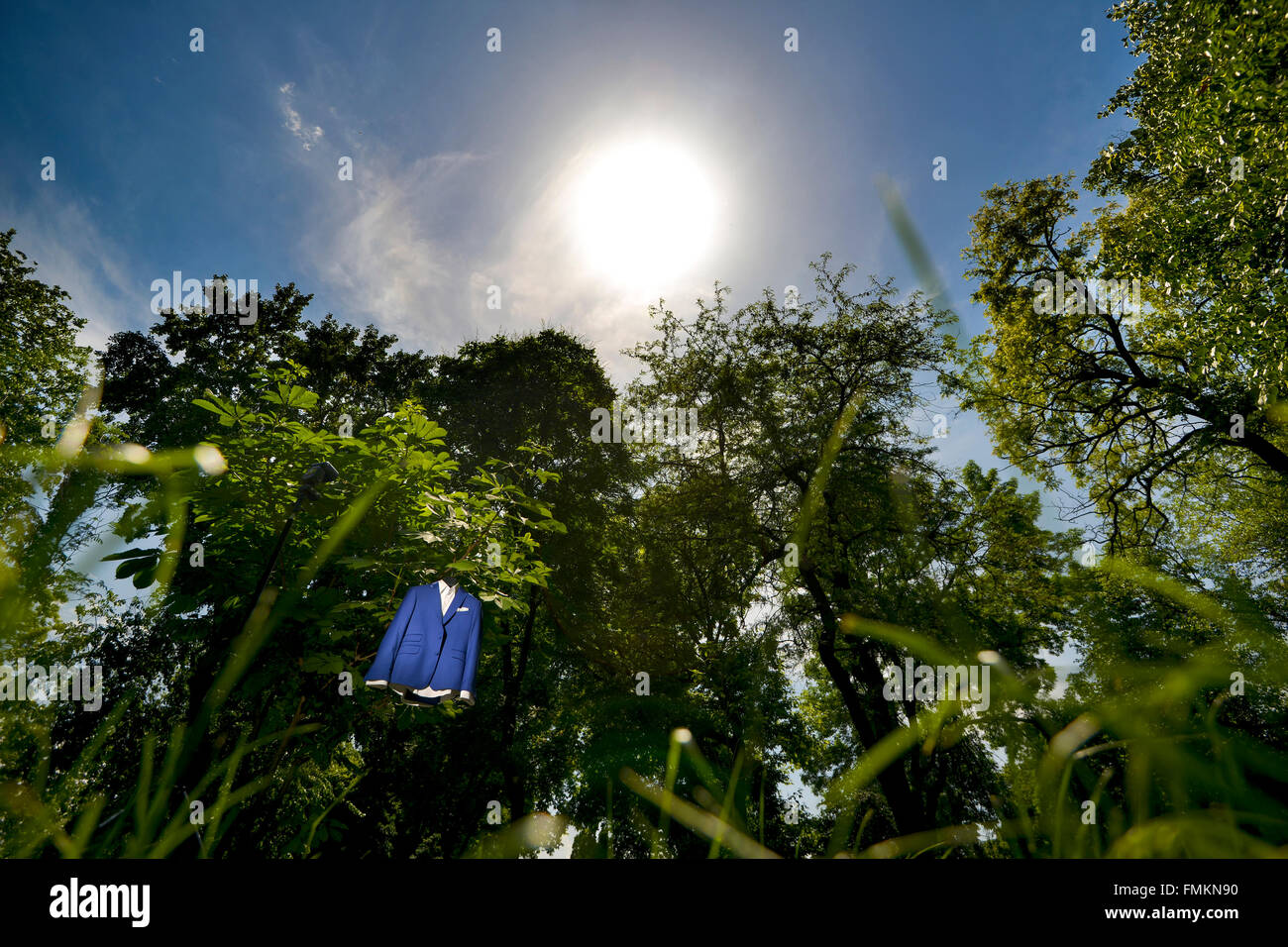 Groom blue suit hanging in tree Stock Photo - Alamy