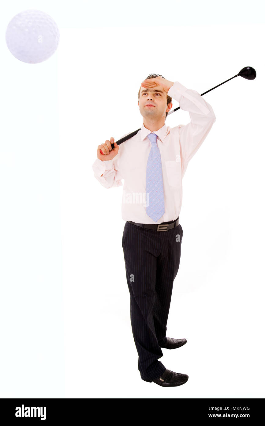 A handsome young business man golfing over white Stock Photo - Alamy