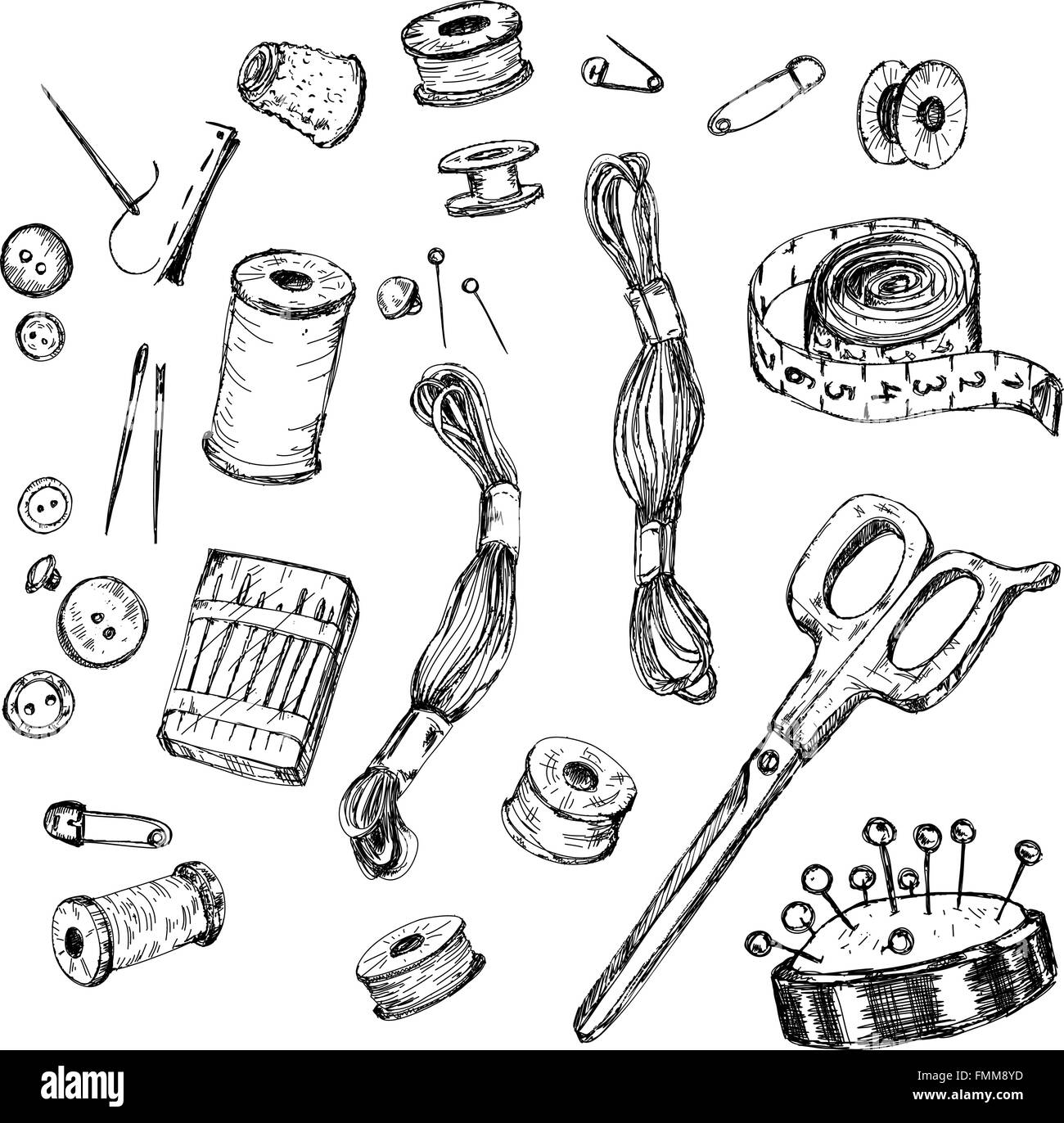 Collection of highly detailed hand drawn sewing and knitting tools ...