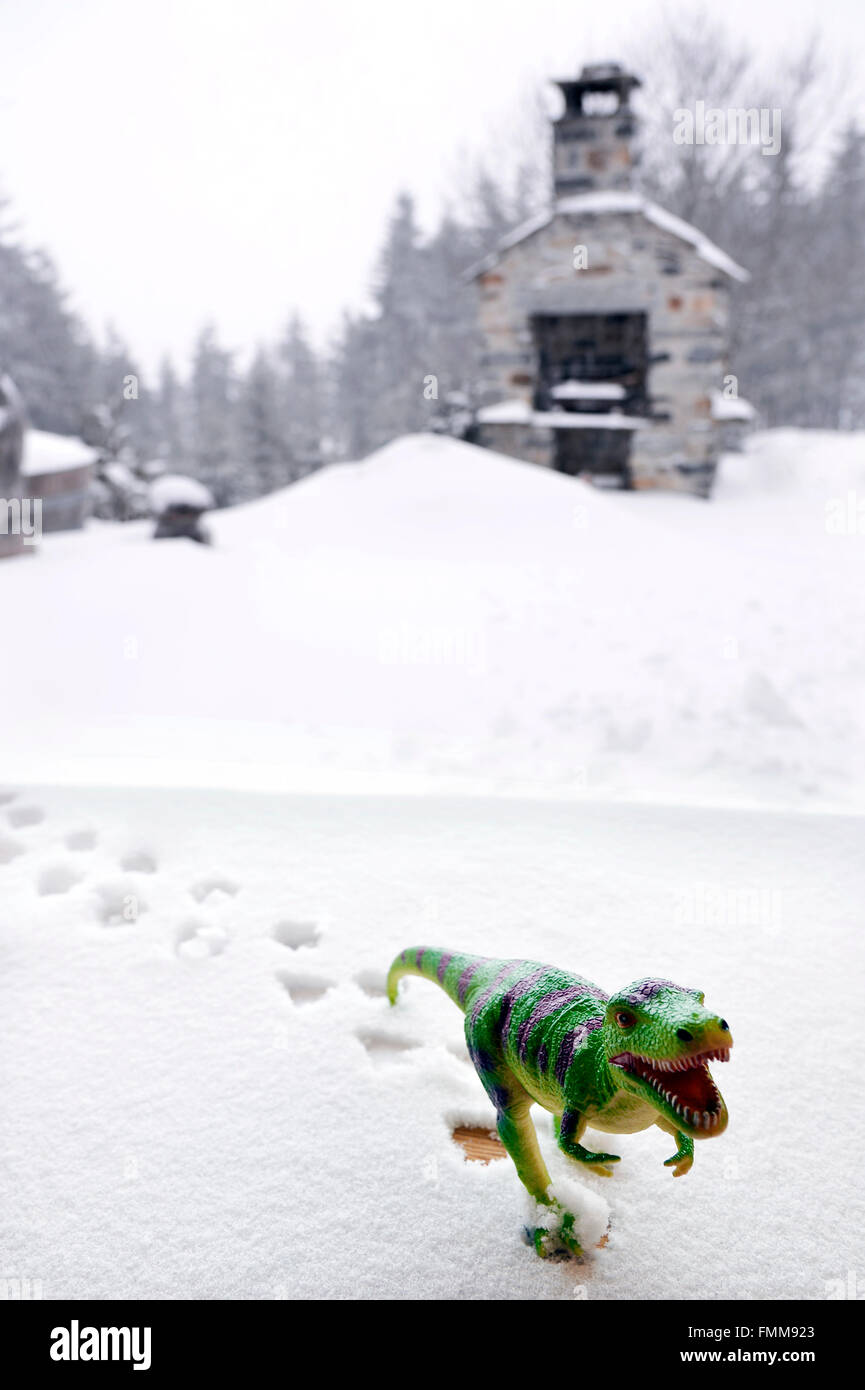 T-Rex Toy in the snow in front of a window chalet, Les Estables ...