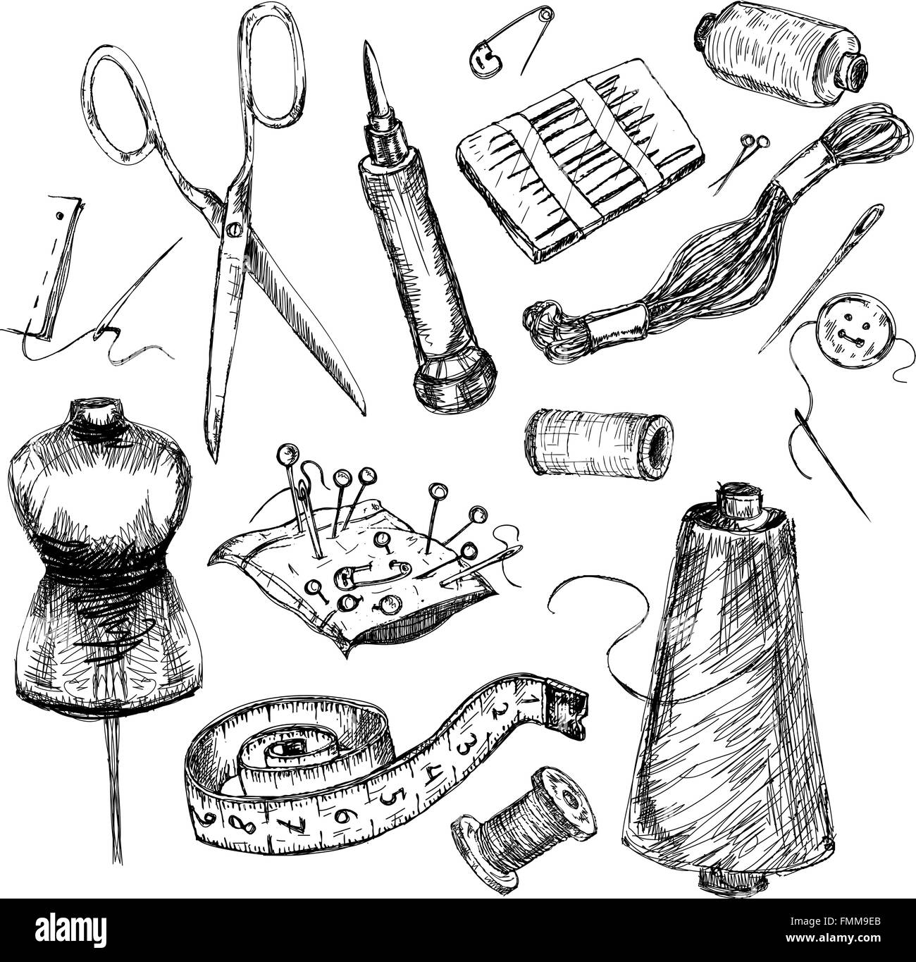 Collection of highly detailed hand drawn sewing and knitting tools ...