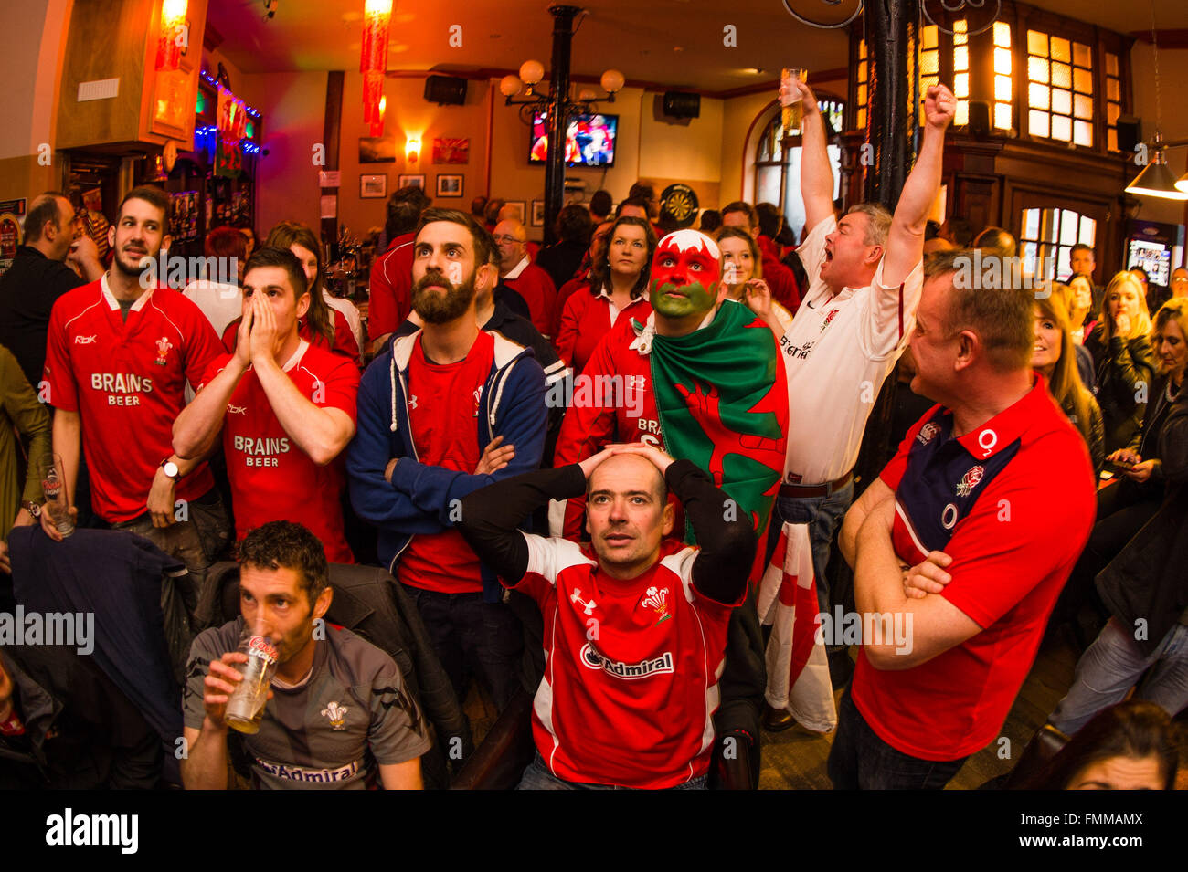 Aberystwyth Wales UK, Saturday 12 March 2016 Welsh rugby fans in the ...