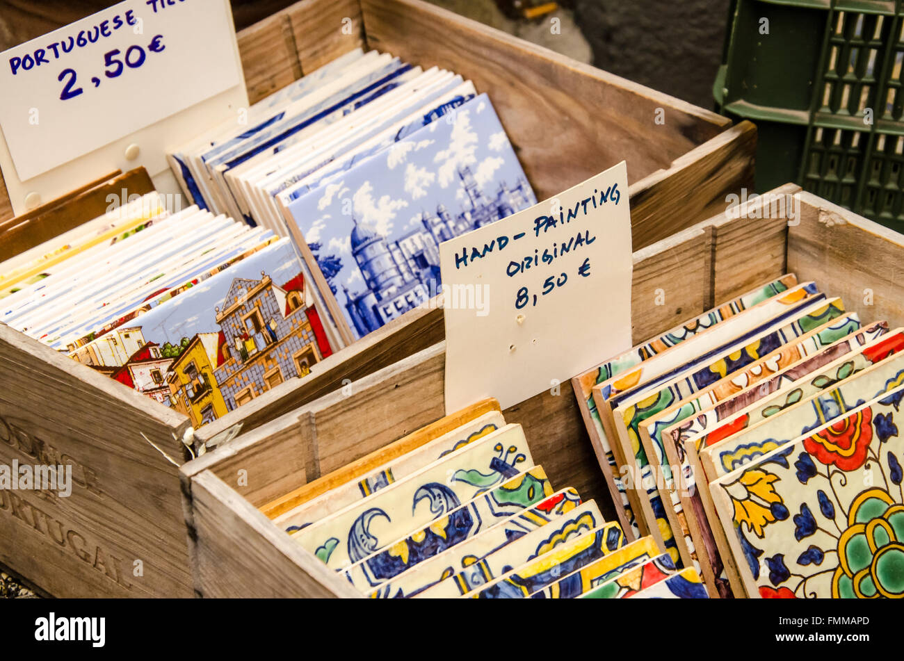 view of 2 wooden box full of portuguese tiles for tourists Stock Photo ...