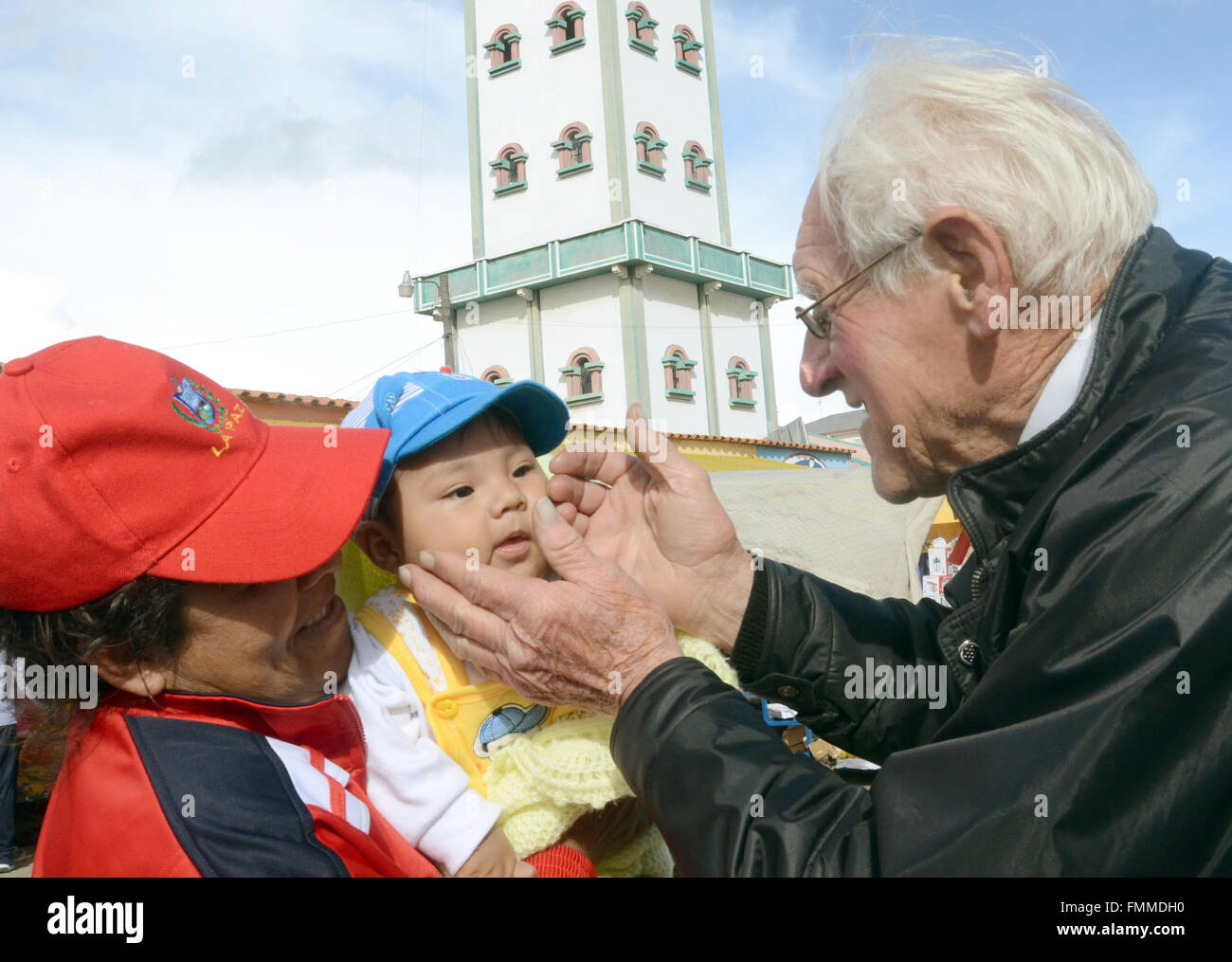 El Alto, Bolivia. 28th Feb, 2016. Father Sebastian Obermaier greeting 4 ...