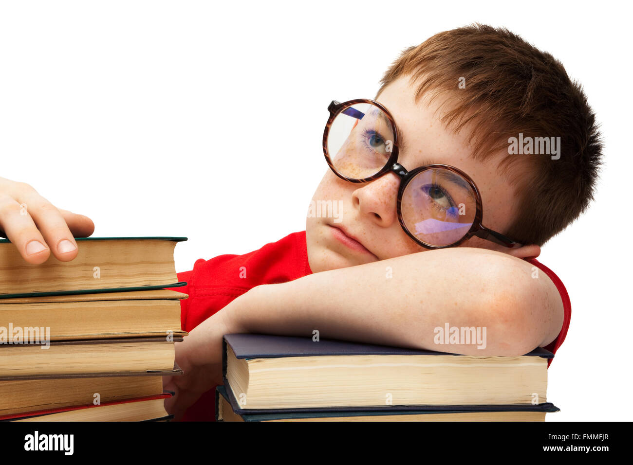 boy with glasses and books on white background Stock Photo - Alamy
