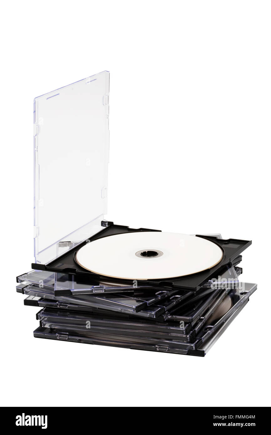 Disk cd in boxes on a white background Stock Photo - Alamy