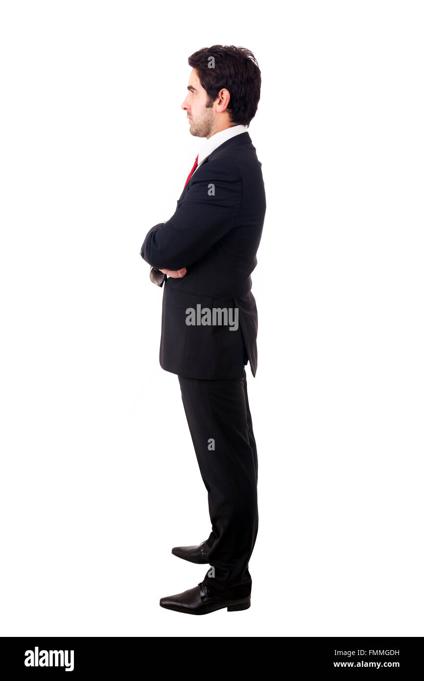 Side view profile of a young business man. Full length, isolated on ...