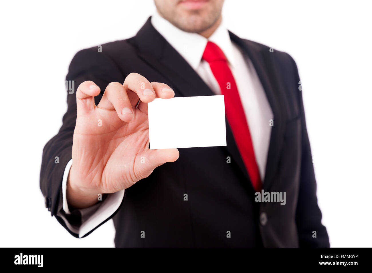 Business man handing a blank business card over white background Stock ...