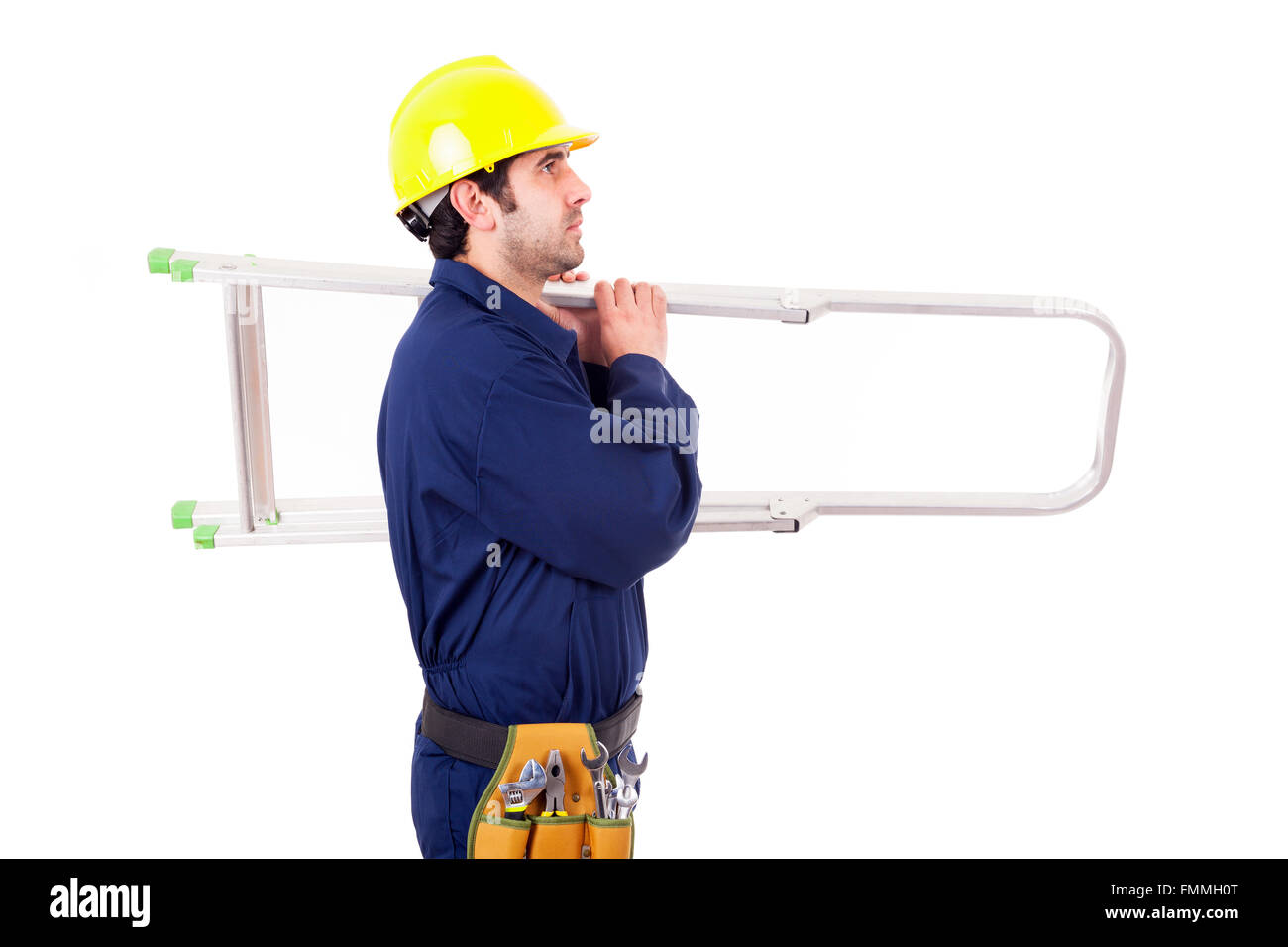 Young worker holding a ladder, isolated on white Stock Photo - Alamy
