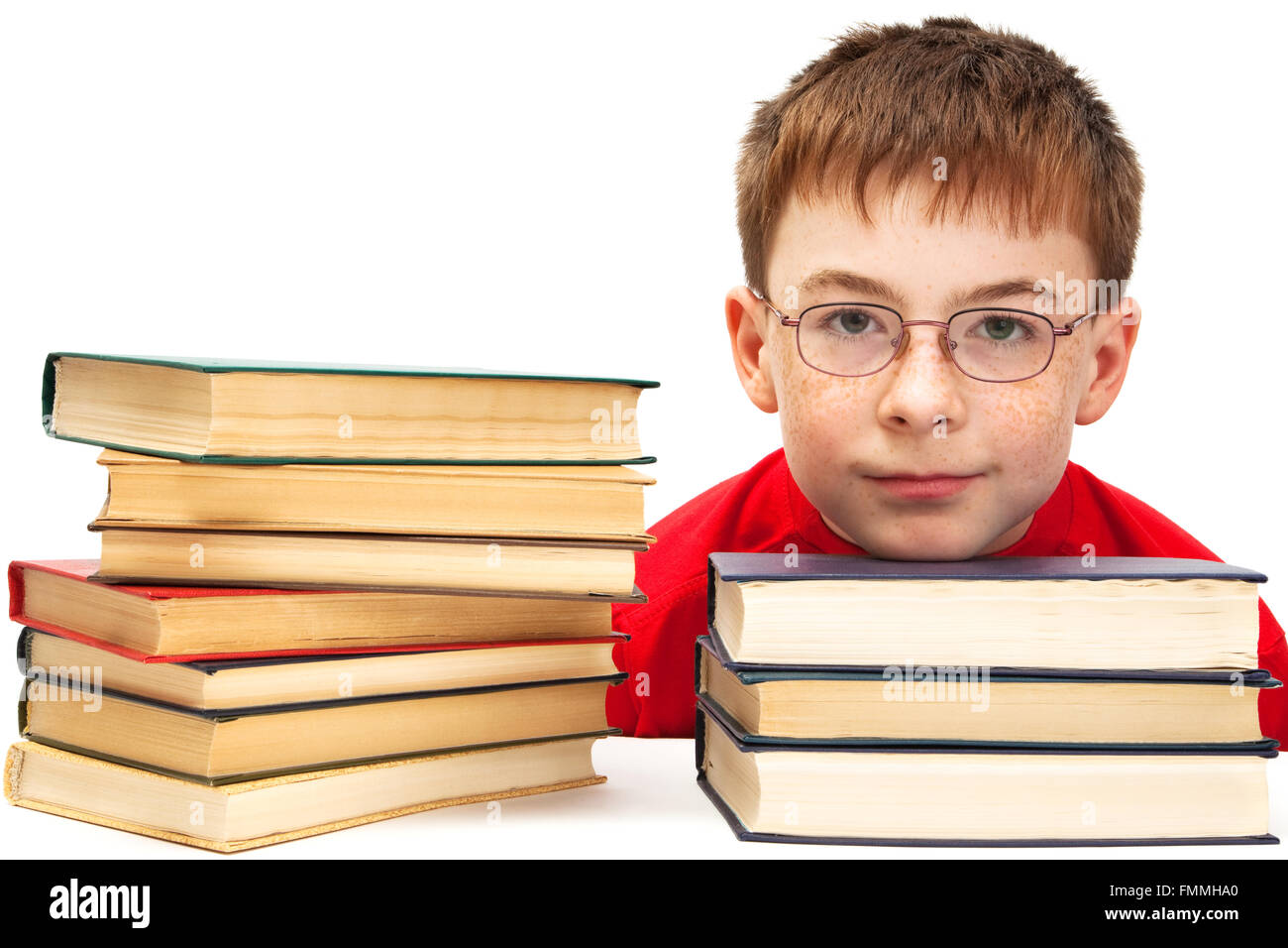 boy with glasses and books on white background Stock Photo - Alamy