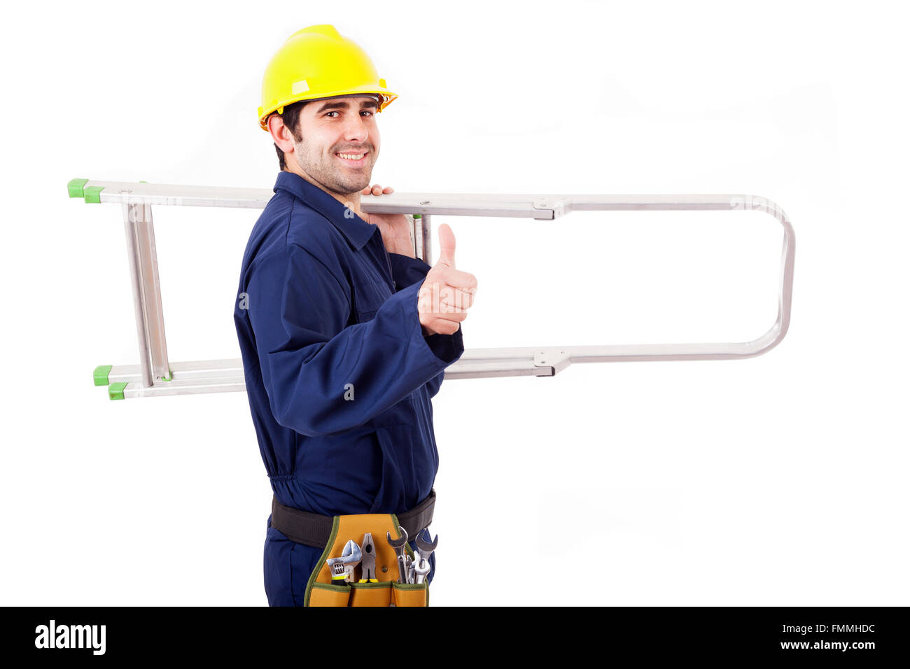 Young worker holding a ladder and thumb up, isolated on white Stock ...