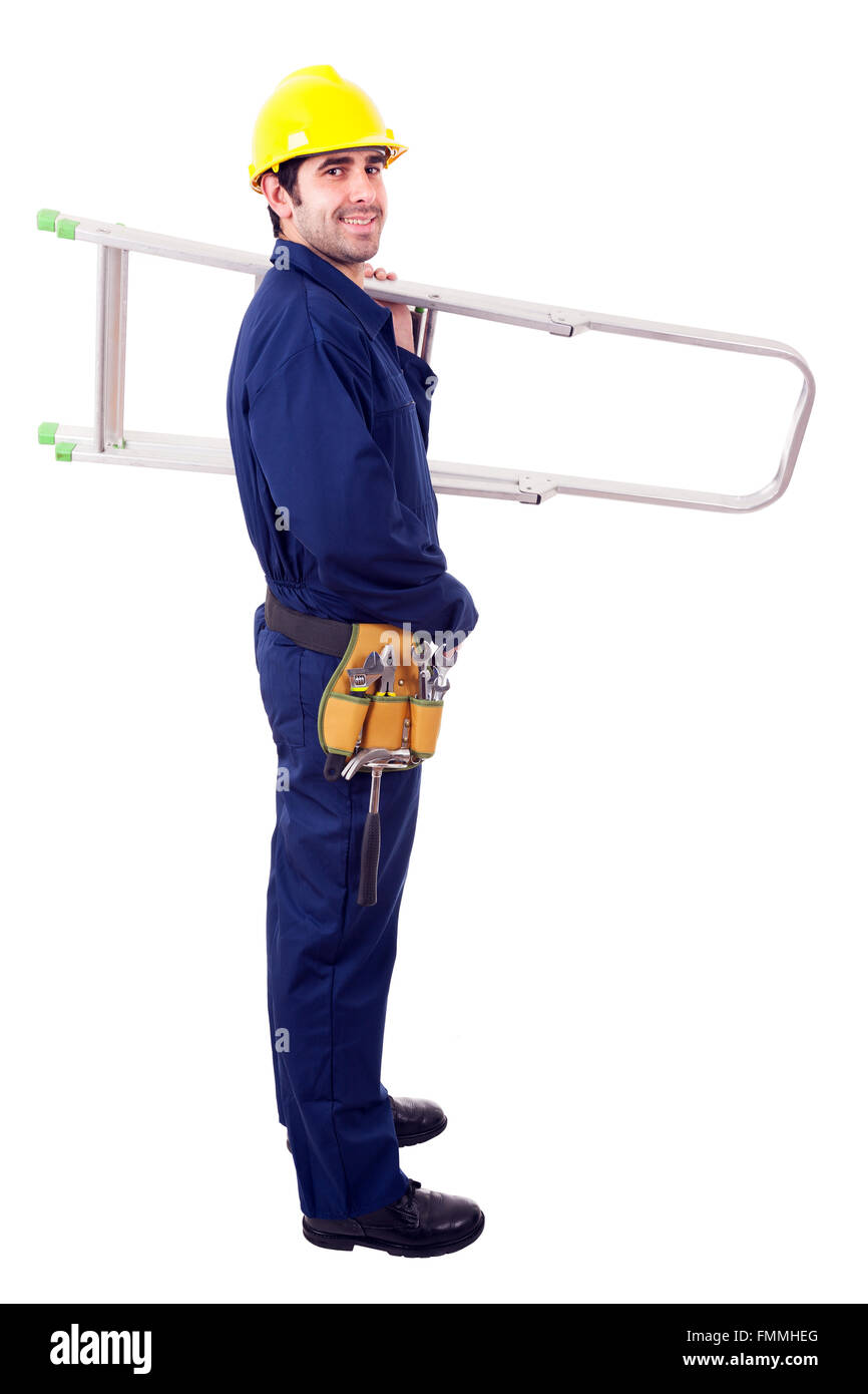 Full lenght of a young worker holding a ladder, isolated on white Stock ...