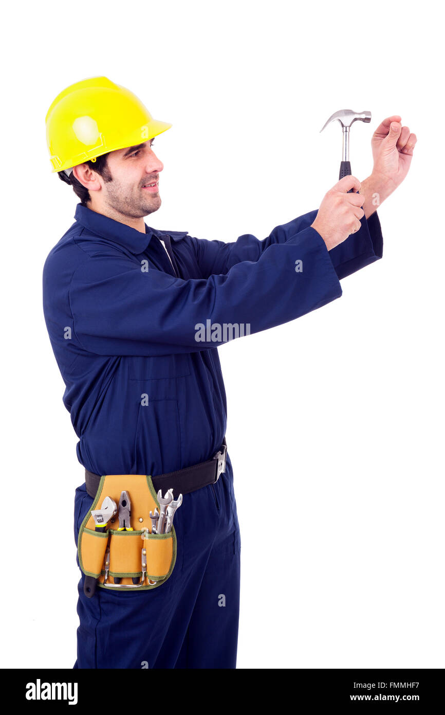 Young worker holding a hummer, isolated on white Stock Photo - Alamy