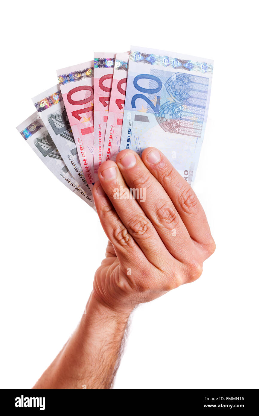 Hand holding euros banknotes, isolated on white Stock Photo - Alamy