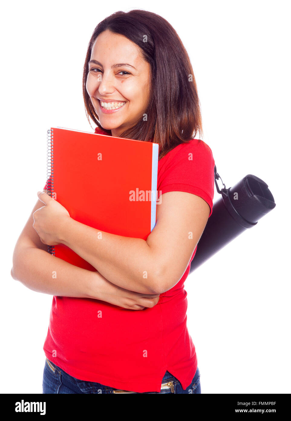 Happy female architecture student carrying notebooks - isolated over a ...