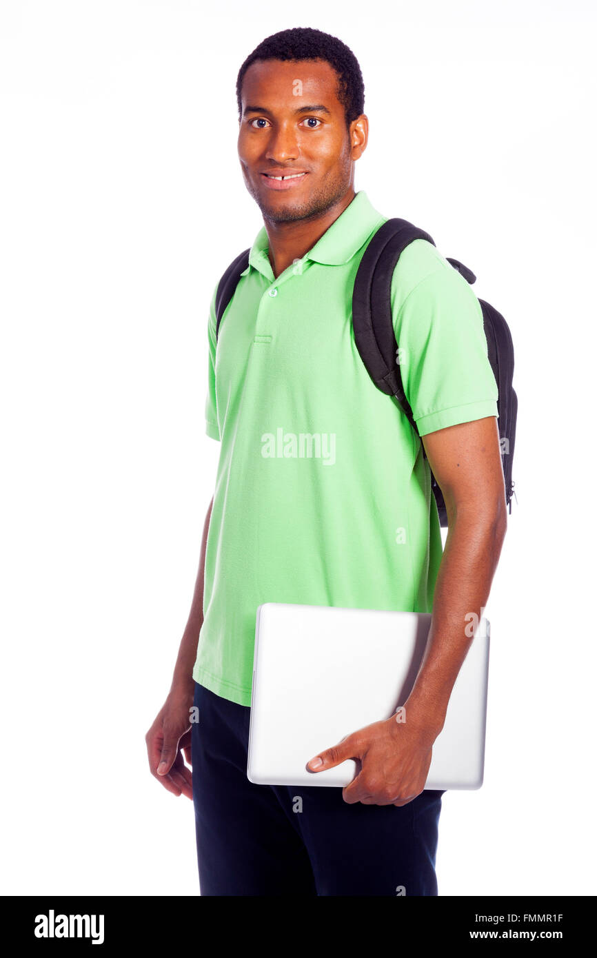 Happy college student holding laptop, isolated on white background ...