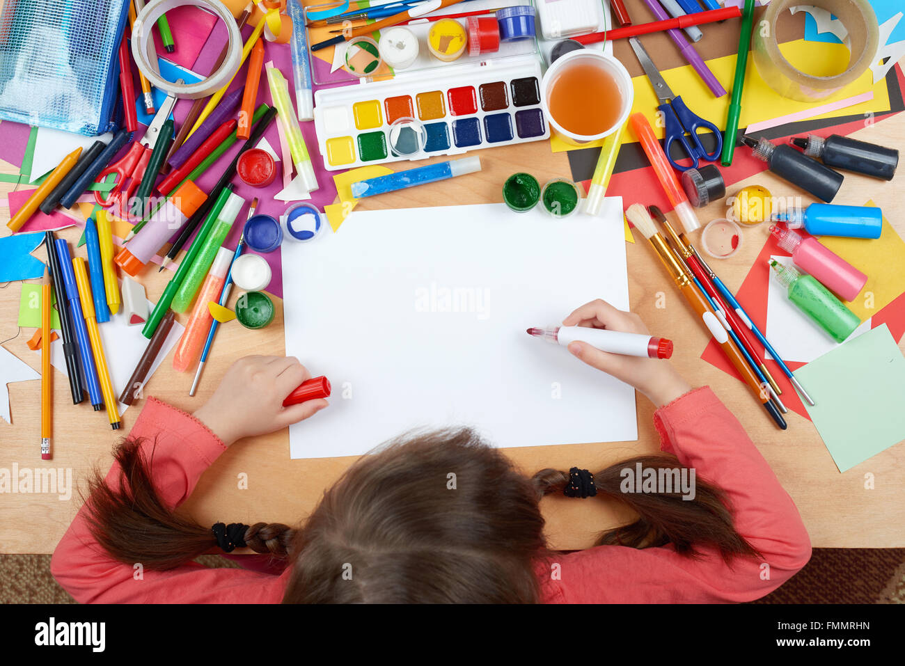 Child drawing top view. Artwork workplace with creative accessories ...