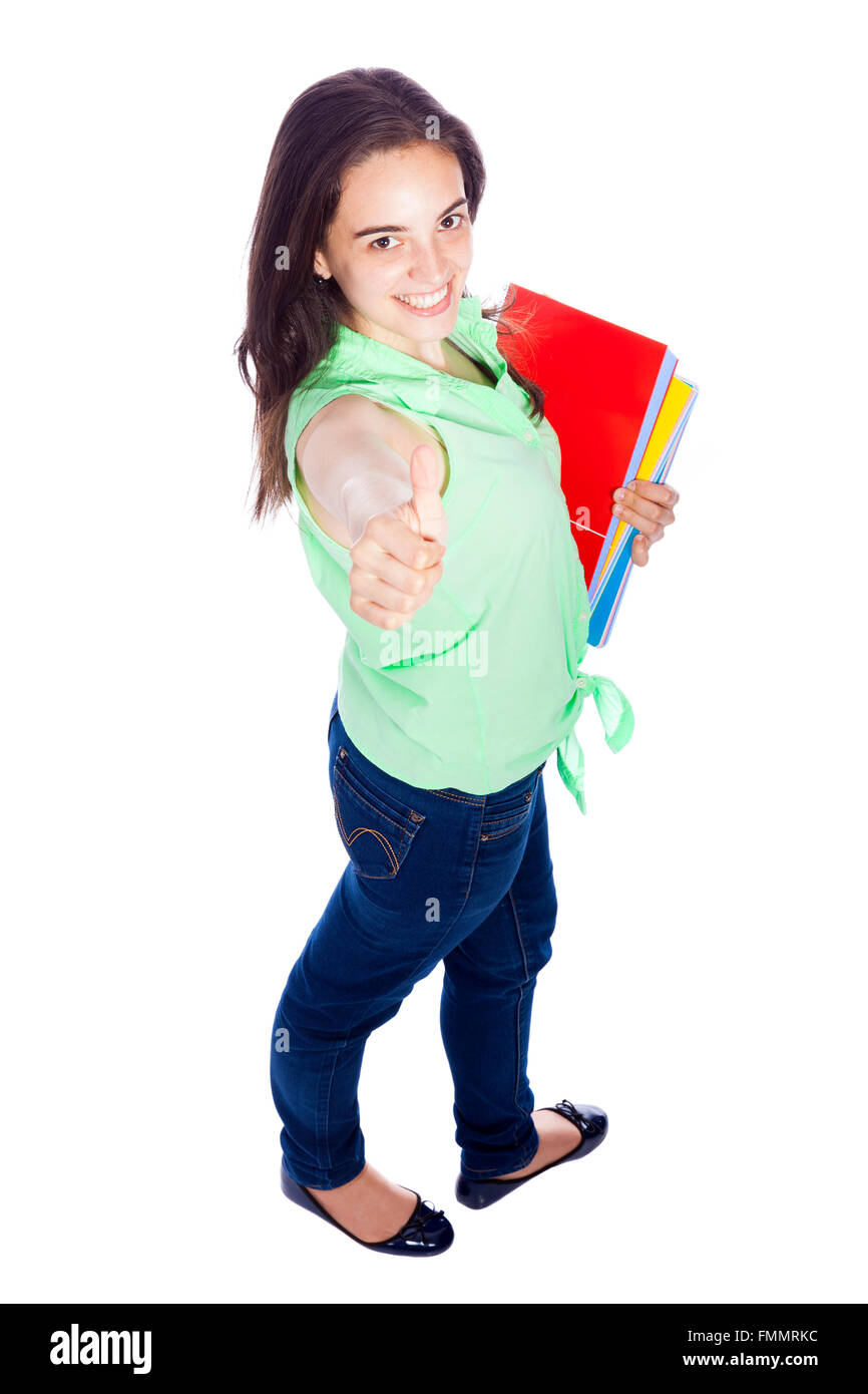 Full body portrait of female student giving thumbs up, isolated on ...